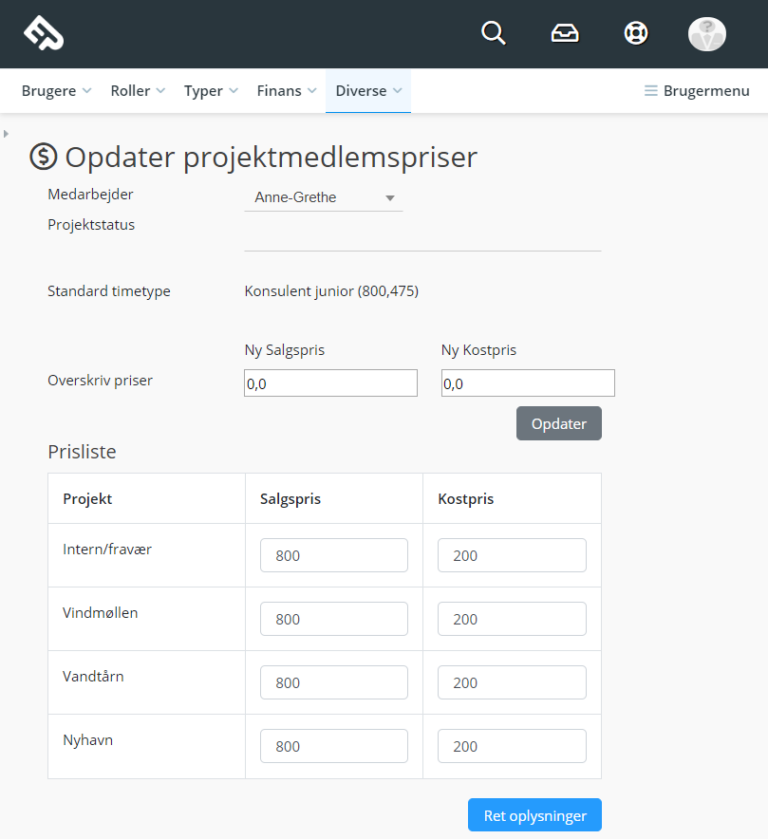 Håndtering af kost- og salgspris - EazyProject